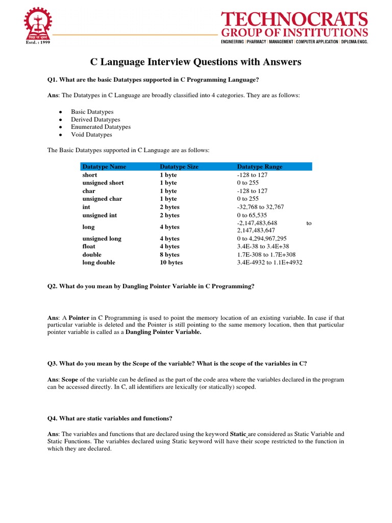 C Language Interview Questions With Answers Pdf Pointer Computer Programming C 