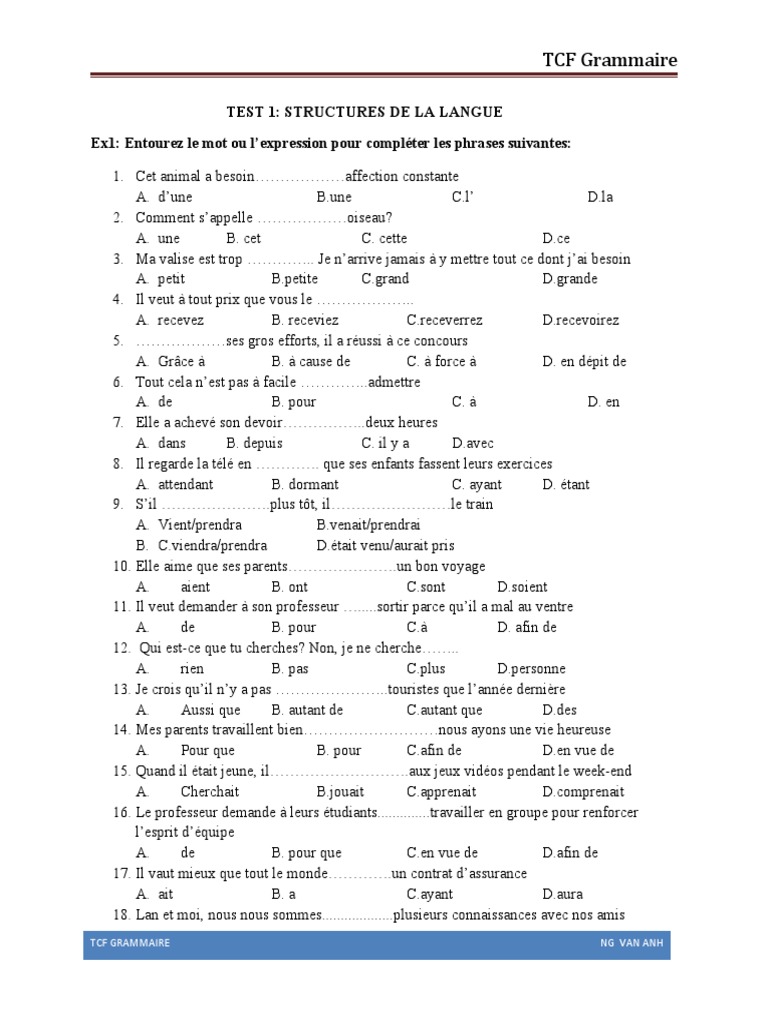 TCF Grammaire: Test 1: Structures de La Langue Ex1: Entourez Le Mot Ou ...