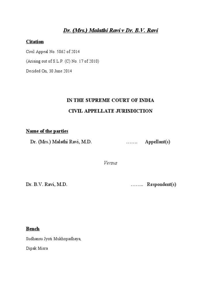 DR Malathi Vs DR B.V. Ravi Case Anaylsis | PDF
