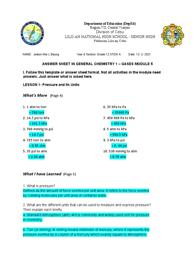 Answer Sheet Format-Gases-Module 5 | PDF | Pascal (Unit) | Atmospheric Pressure