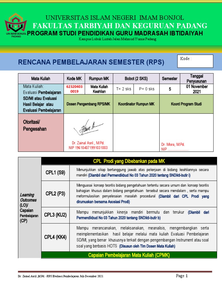 RPS Evaluasi Pembelajaran SD-MI Prodi PGMI 2021 | PDF