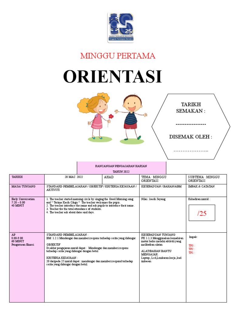 RPH 2022 - Prasekolah Minggu 1 Tema Orientasi TS25 Beserta Modul Aktiviti1 | PDF