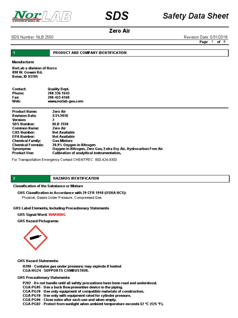 Safety Data Sheet: Zero Air | PDF | Toxicity | Carcinogen