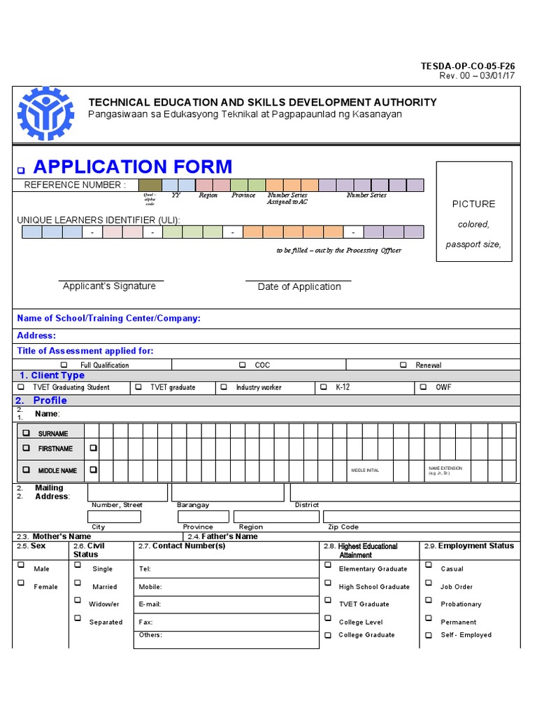 TESDA Assessment Application Form | PDF