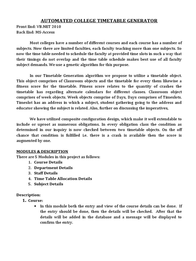 Automated College Timetable Generator: Modules & Description | PDF ...