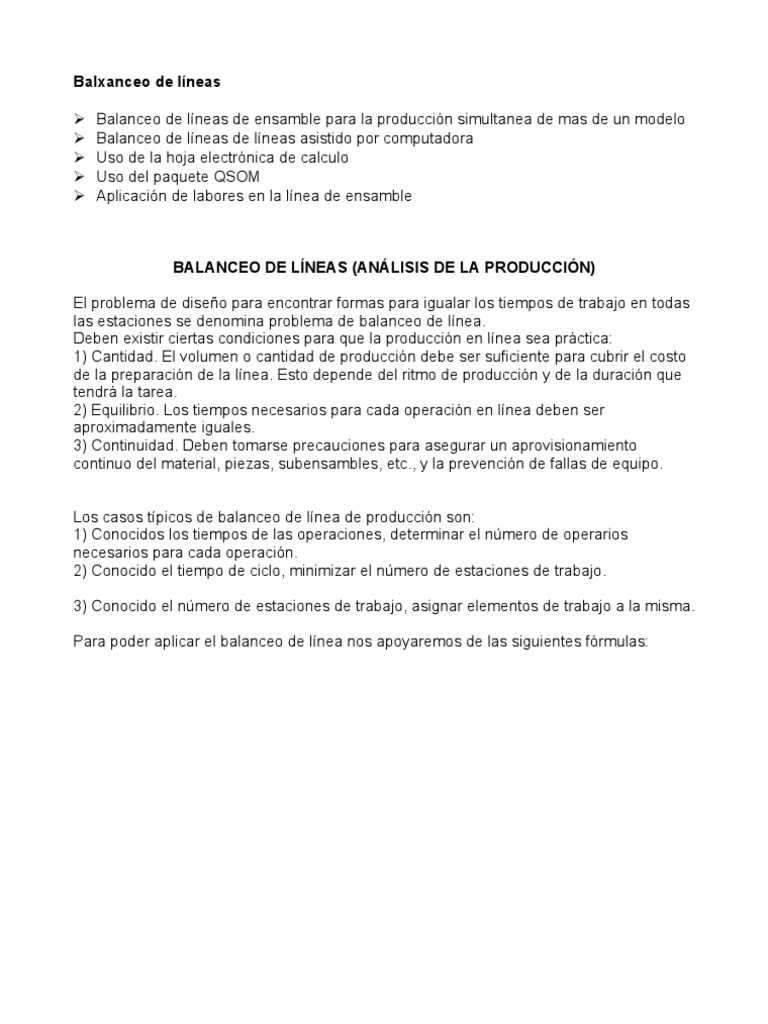 Balanceo de Líneas en Excel y QSOM | PDF | Fórmula | Hoja de cálculo
