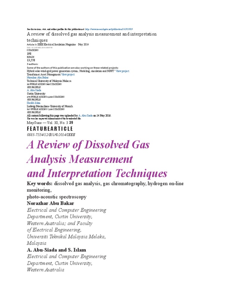 A Review of Dissolved Gas Analysis Measurement and Interpretation ...