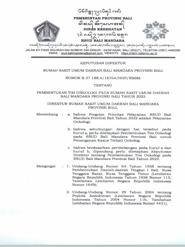 SK Dir TTG Pembentukan Tim Onkologi PD RSUD Bali Mandara Prov Bali TH 2022 | PDF