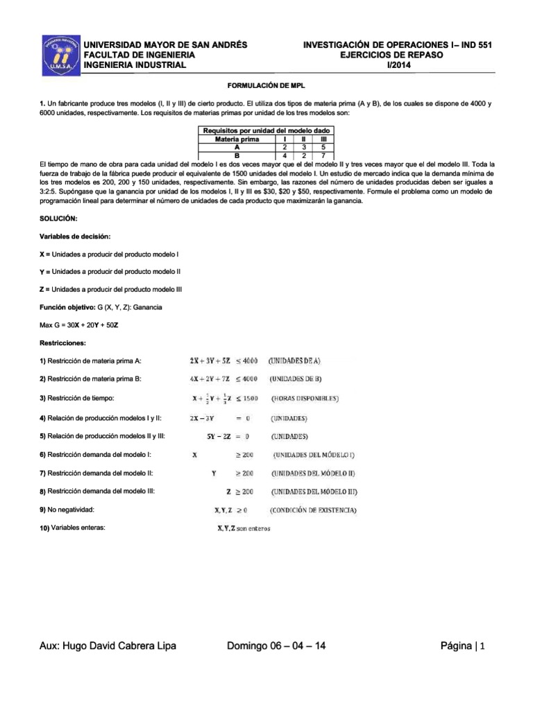 Ejercicios de Repaso de MPL | PDF | La investigación de operaciones | Programación lineal