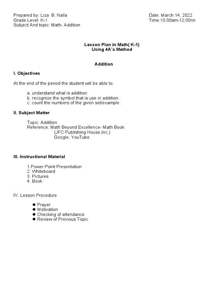 Lesson Plan - Addition | PDF | Teachers | Lesson Plan