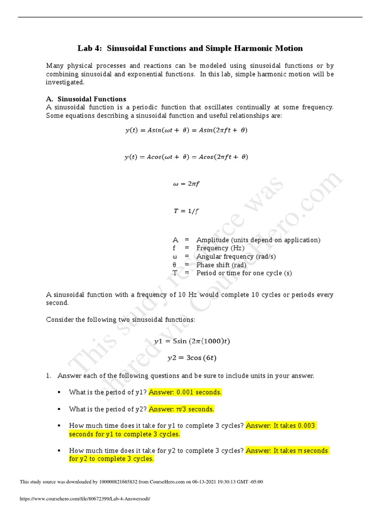 This Study Resource Was: Lab 4: Sinusoidal Functions and Simple ...