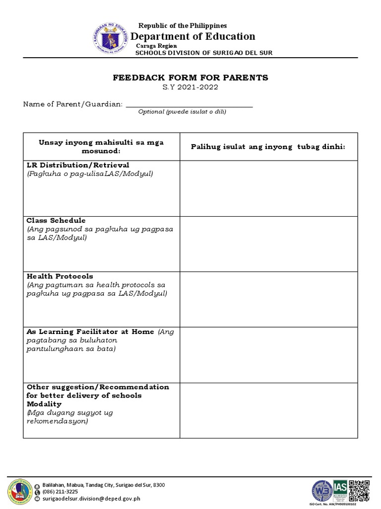 FEEDBACK Forms of Parents and Learners | PDF