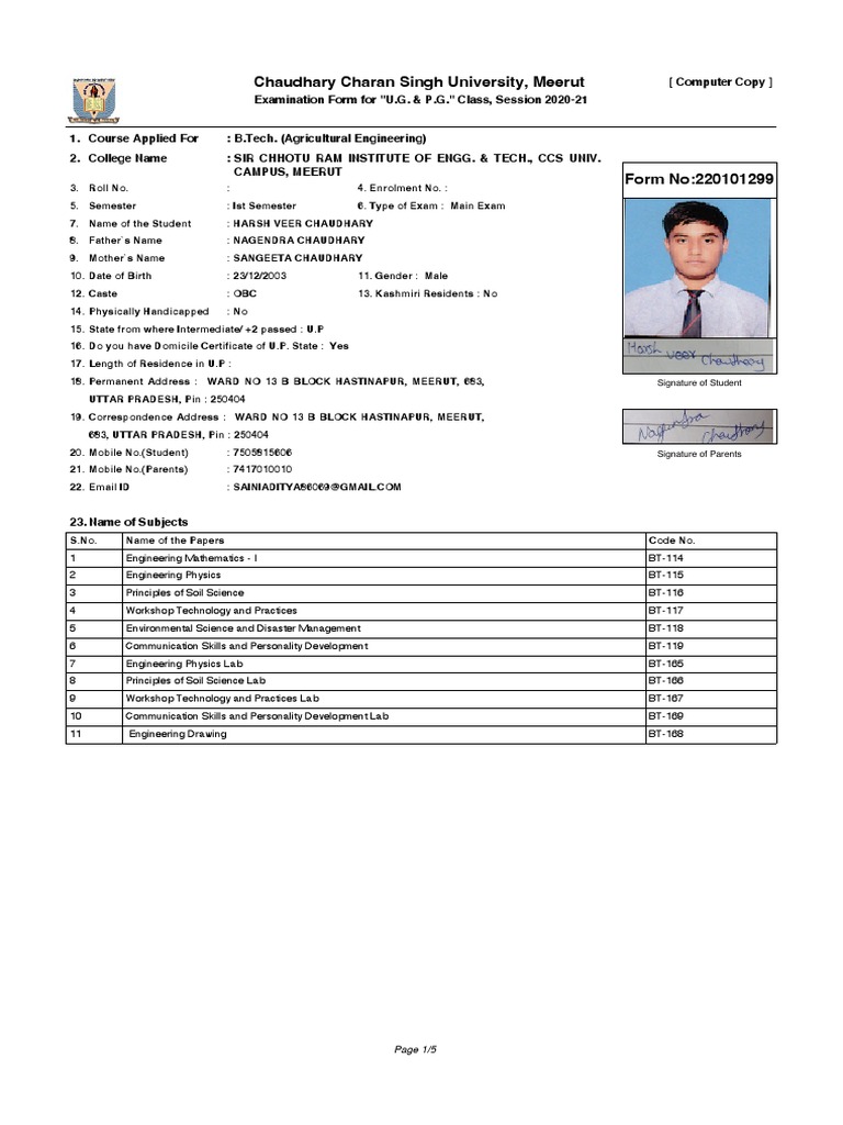Chaudhary Charan Singh University, Meerut: (Computer Copy) Examination Form For "U.G. & P.G ...