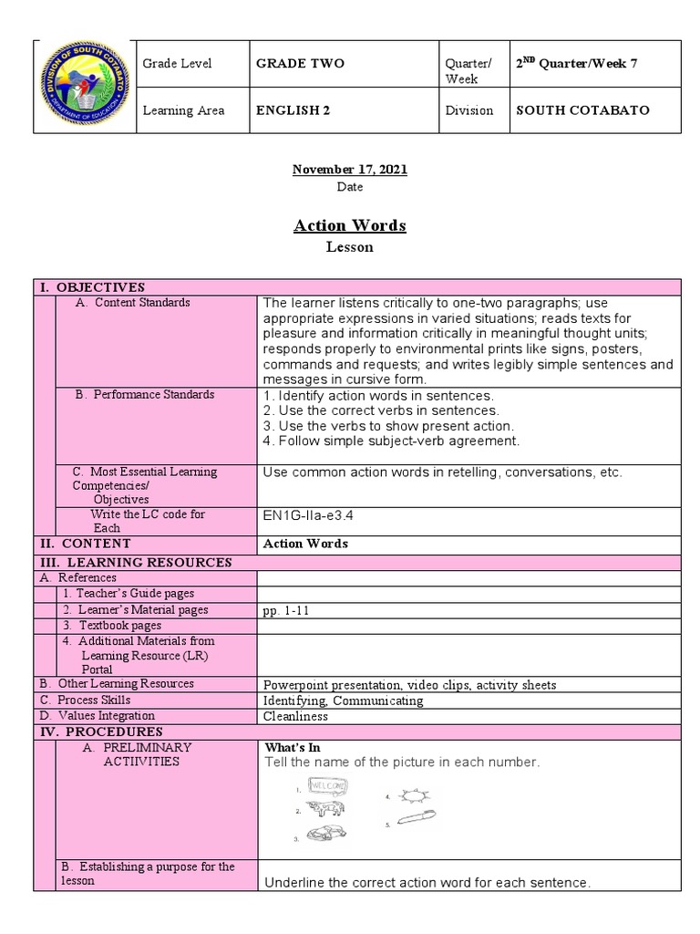 Action Words: Lesson | PDF | Learning | Sentence (Linguistics)