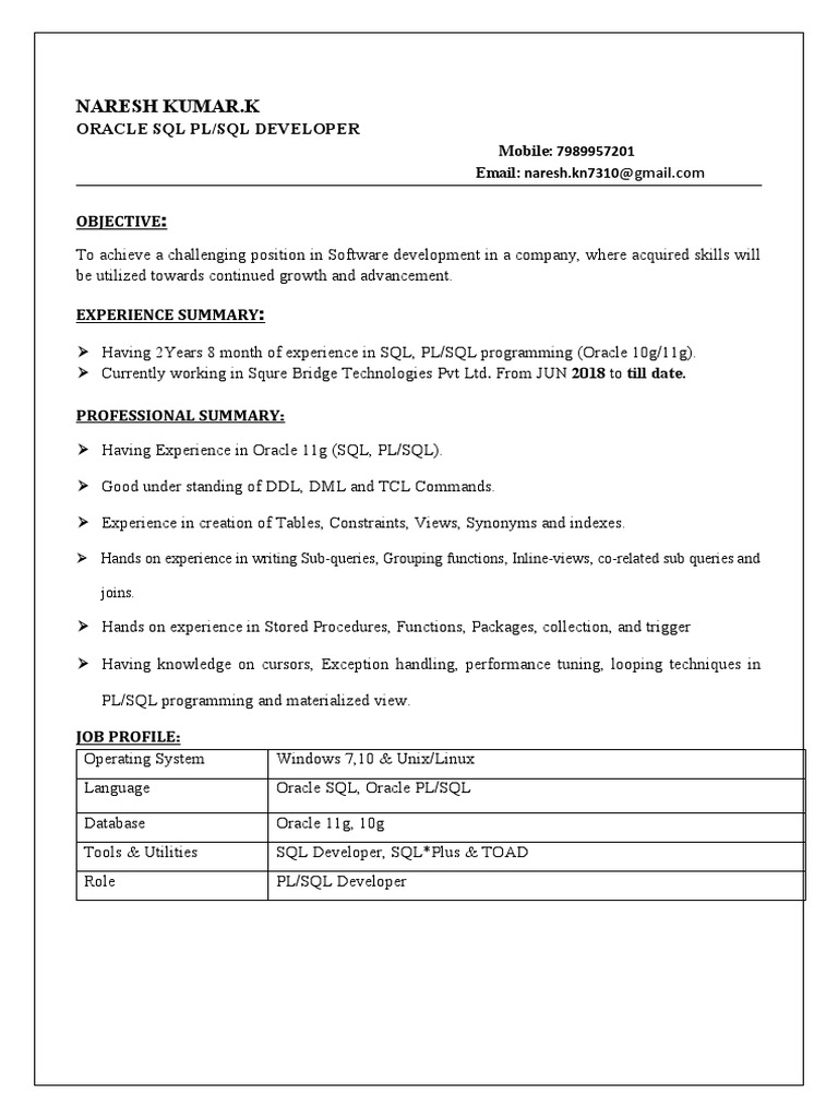 Naresh Kumar.K: Oracle SQL PL/SQL Developer Mobile | PDF | Pl/Sql | Sql