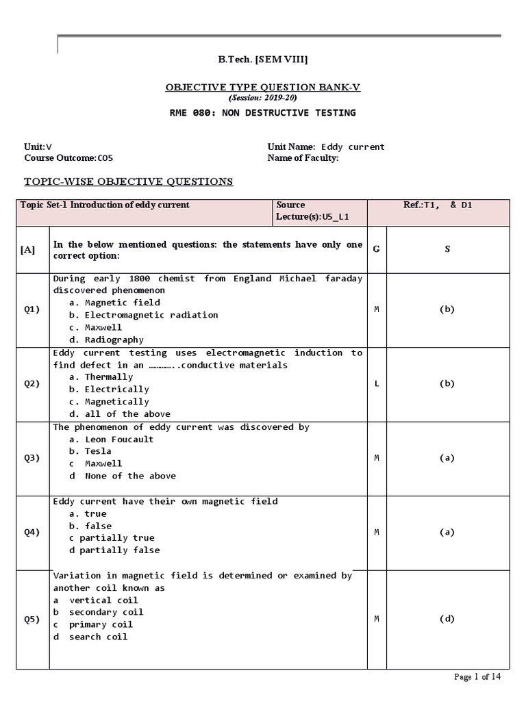 Objective Question Bank (NDT) | PDF | Inductor | Electromagnetic Induction