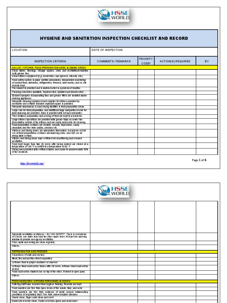 Hygiene and Sanitation Inspection Checklist and Record | PDF | Kitchen ...