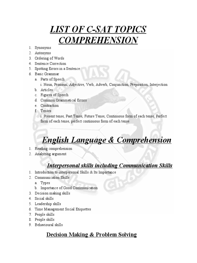 List of C-Sat Topics Comprehension | PDF | Cognition | Grammatical Tense