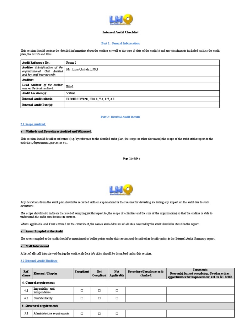 ROOM 2 - Internal Audit Checklist 17020 (1) (146424) | Download Free ...