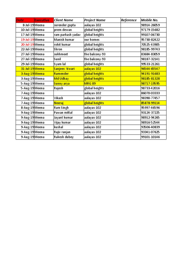 Executive Client Name: Date Project Name Reference Mobile No | PDF