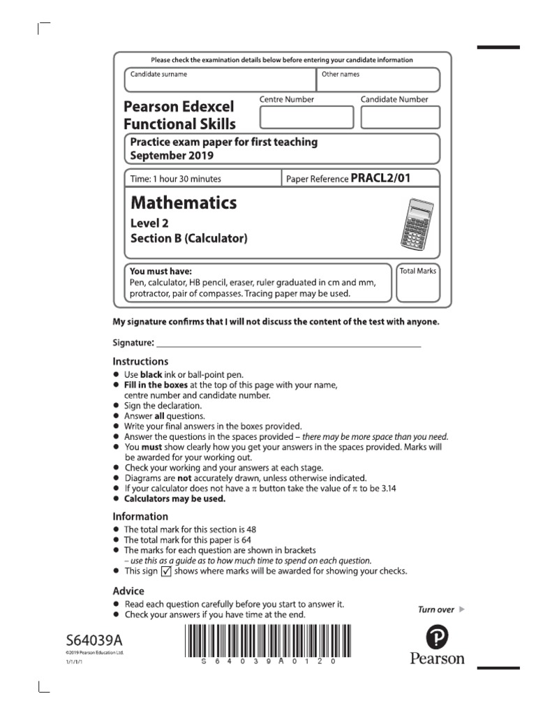 FS Mathematics Calc Section B - PRACL2 C01 Level 2 Practice Paper 1 | PDF