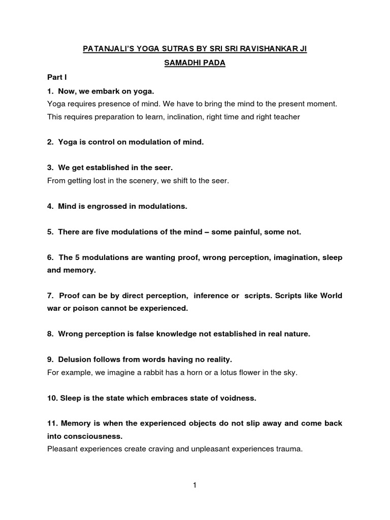 Patanjali Yoga Sutra - Samadhi and Sadhana Pada | PDF | Asana | Mind