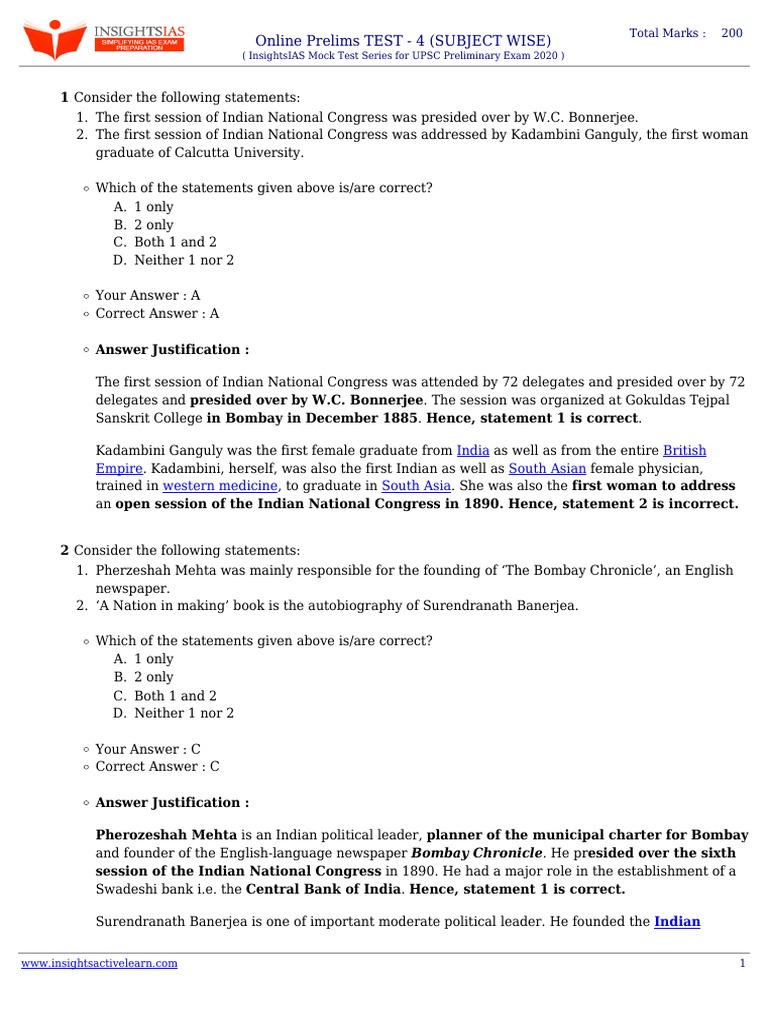A 2020 Insights Test 4 Subjectwise | PDF | Mahatma Gandhi | Indian ...