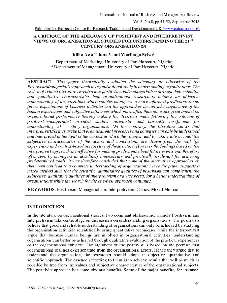 A Critique of The Adequacy of Positivist and Interpretivist Views | PDF ...