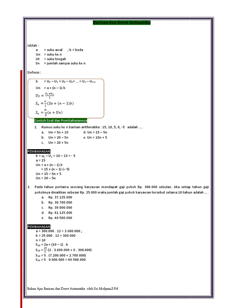 Bahan Ajar Barisan Dan Deret Aritmatika | PDF