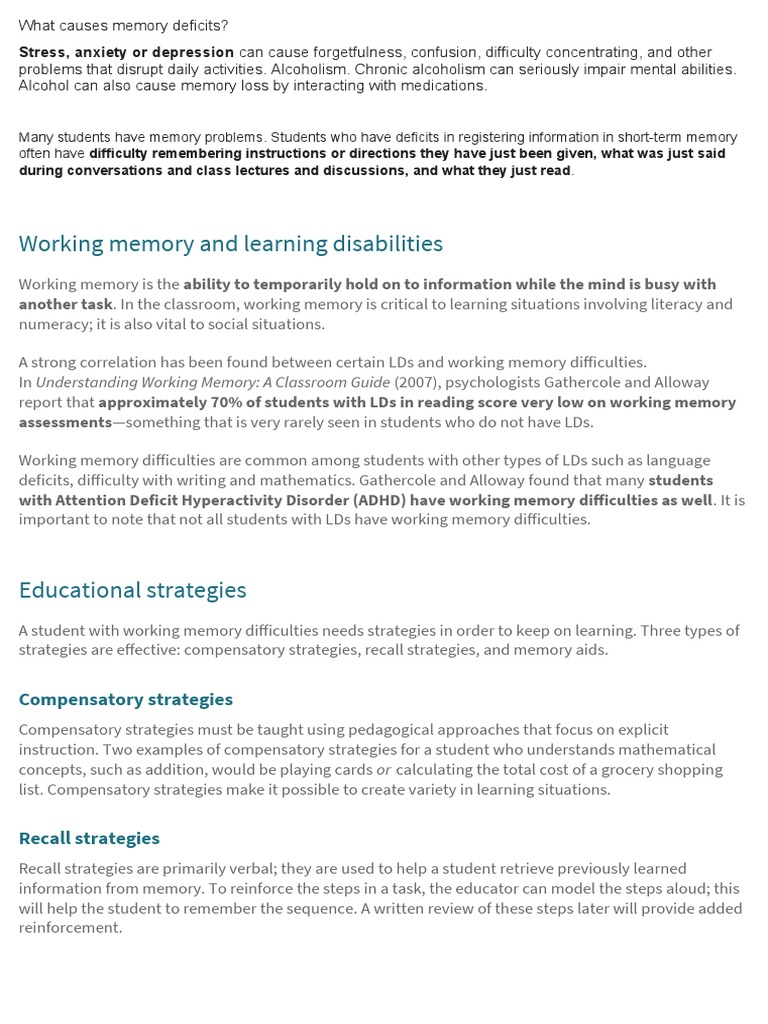 Working Memory and Learning Disabilities | PDF | Memory | Working Memory