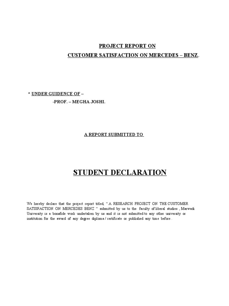 Student Declaration: Project Report On Customer Satisfaction On ...