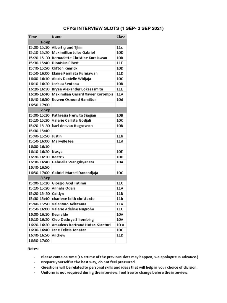 Cfyg Interview Slots (Updated) | PDF