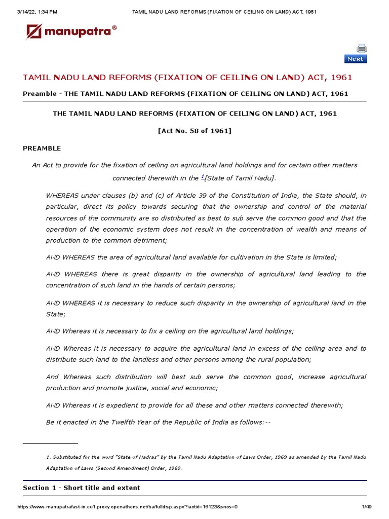 Tamil Nadu Land Ceiling Act, 1961 | PDF