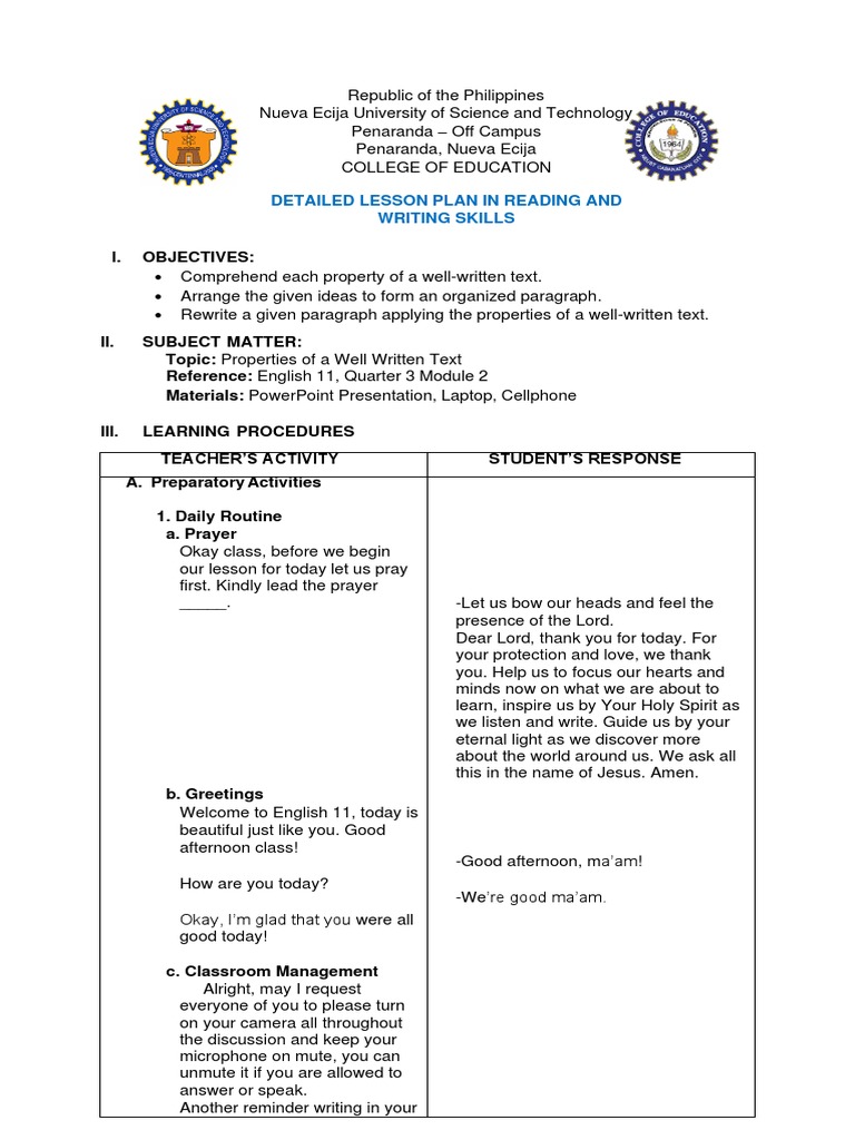 Detailed Lesson Plan in Reading and Writing Skills | PDF | Punctuation ...