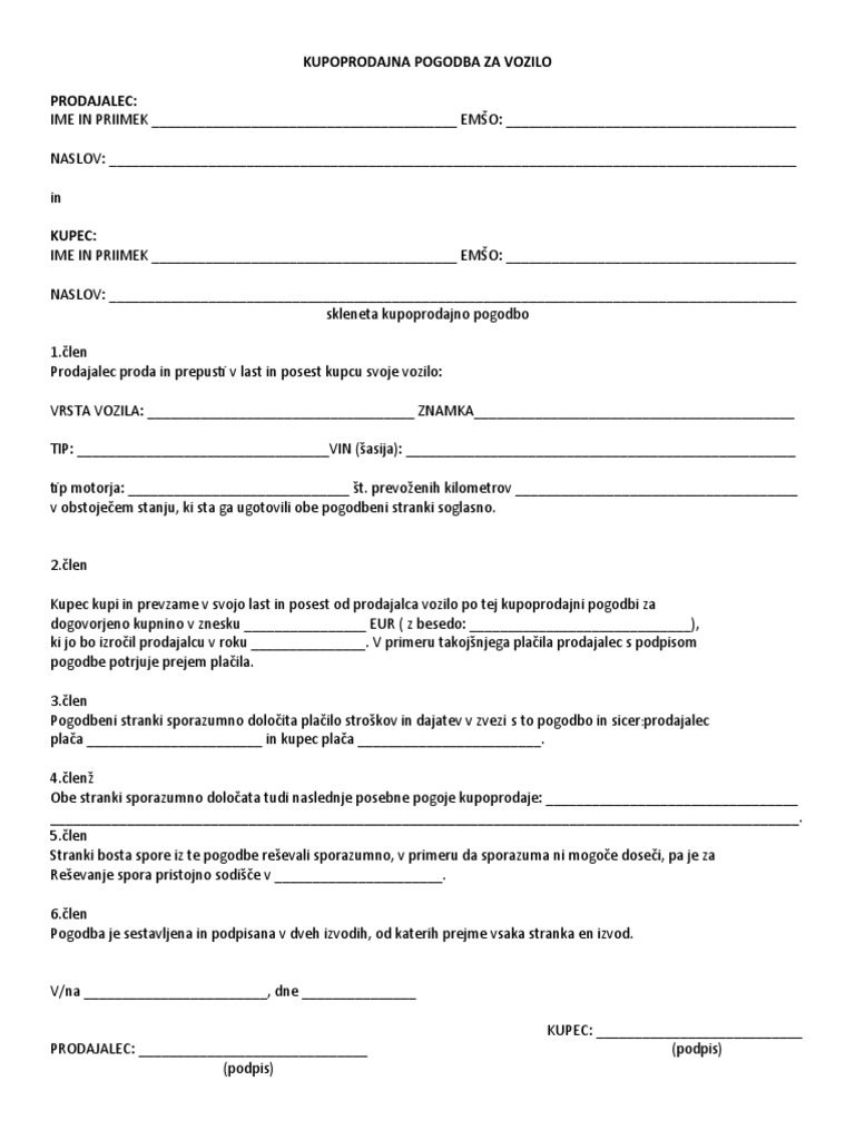 Kupoprodajna Pogodba Za Vozilo | PDF