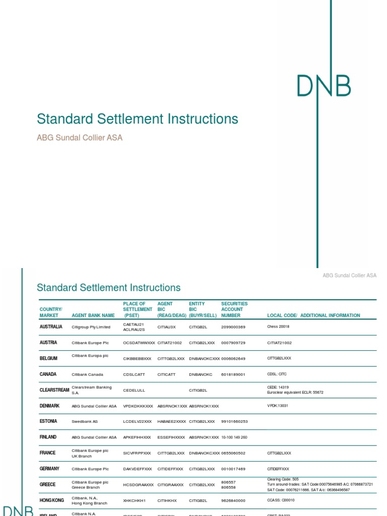 Standard Settlement Instructions: ABG Sundal Collier ASA | PDF ...