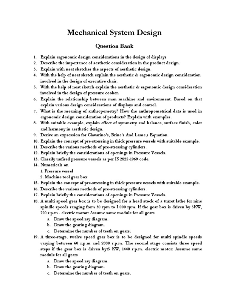 Mechanical System Design Question Bank on Ergonomic, Aesthetic and ...