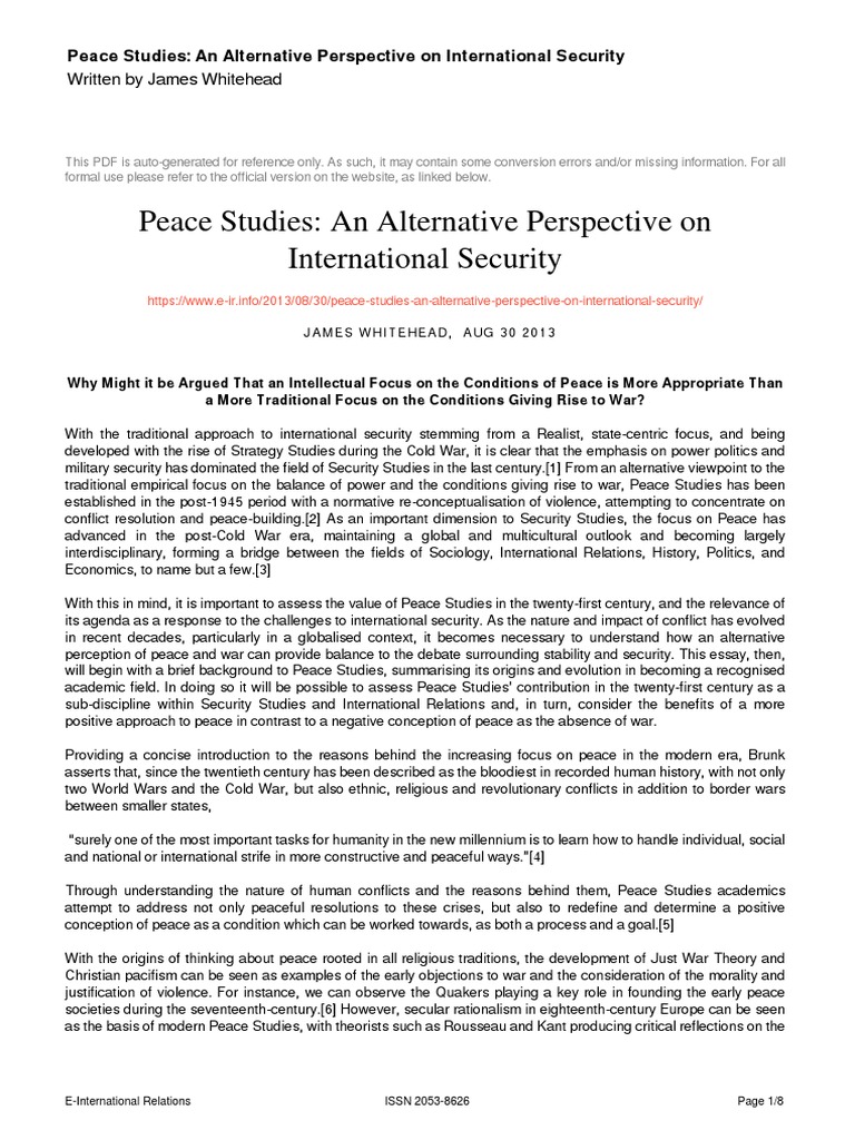 Peace Studies An Alternative Perspective On International Security ...