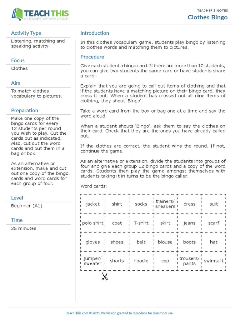 Clothes Bingo: Activity Type | Download Free PDF | Clothing | Consumer ...