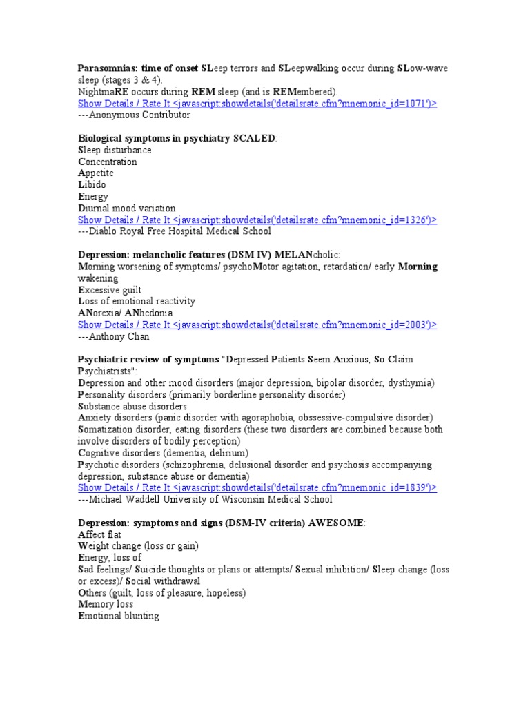 Key Psych Disorders & Mnemonics | PDF | Mental Disorder | Mood Disorders