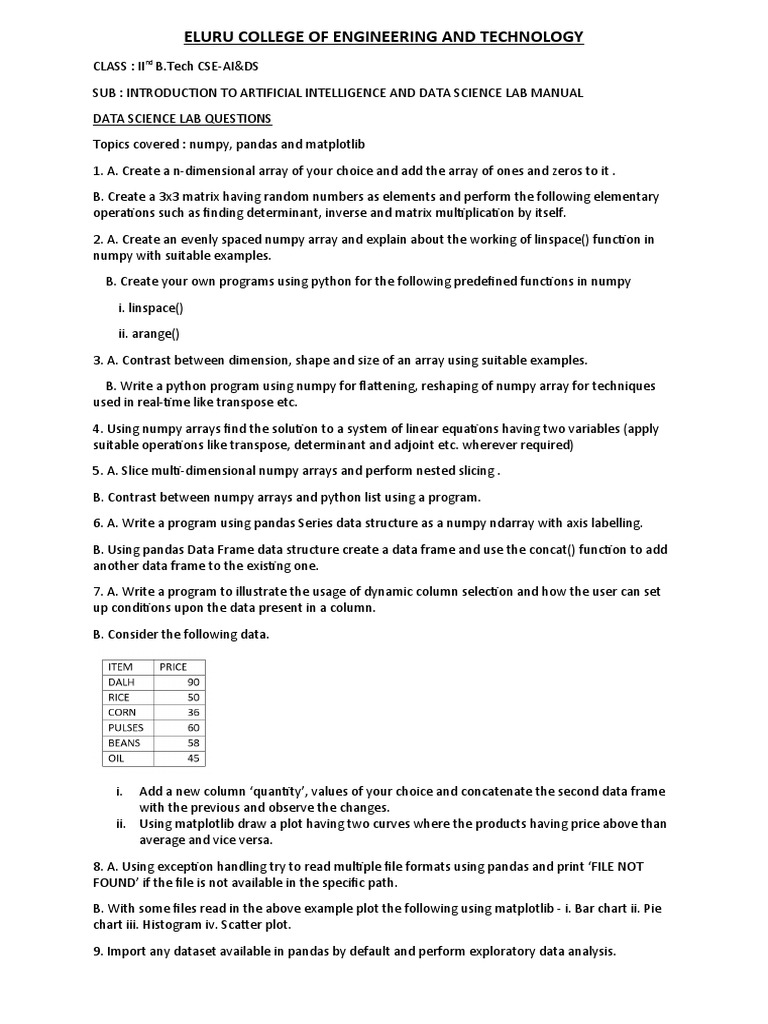 R20 Ai&ds 2ND B.tech Cse Intro To Ai&ds Lab Manual | PDF R20 Ai&ds 2ND B.tech Cse Intro To Ai&ds Lab Manual | PDF