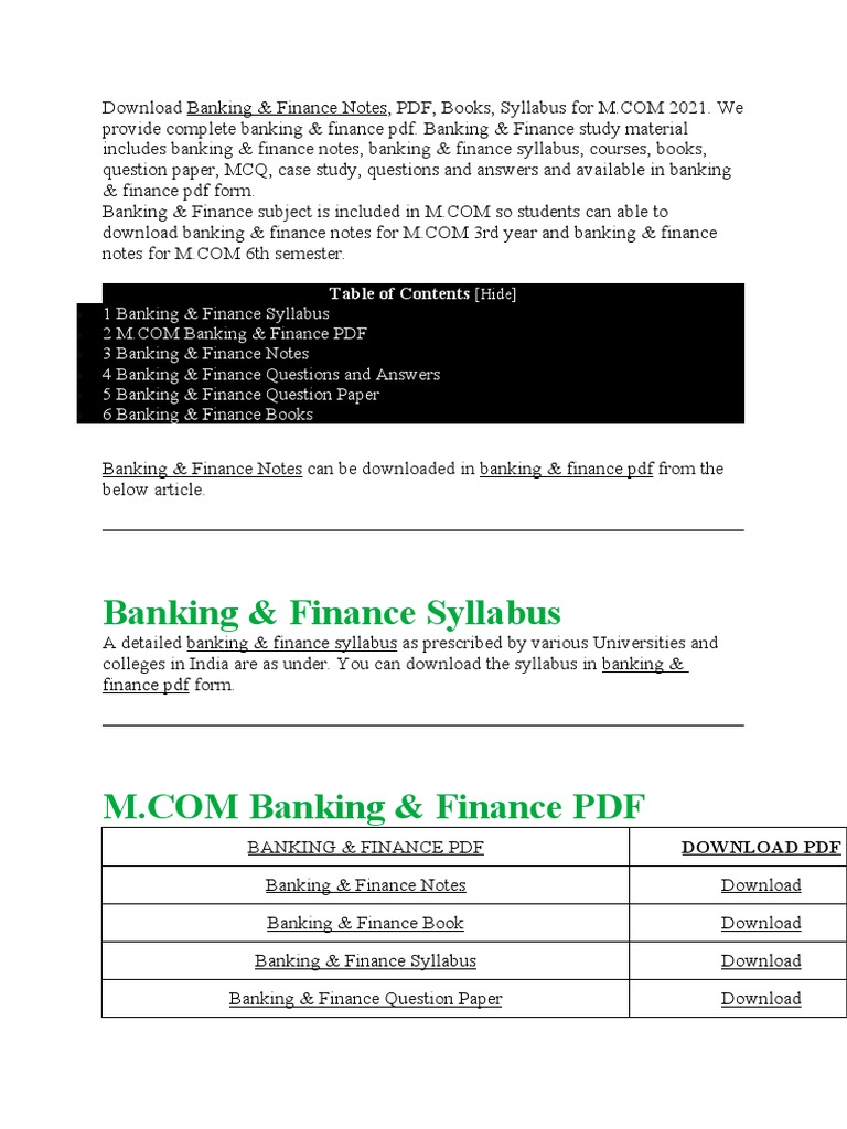 Banking & Finance Syllabus | PDF