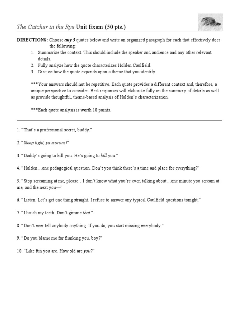 The Catcher in The Rye Unit Exam (50 PTS.) | PDF | Career & Growth
