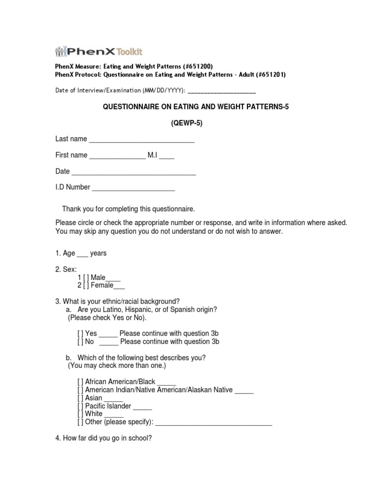 Questionnaire On Eating and Weight Patterns-5 (QEWP-5) | PDF | Binge ...