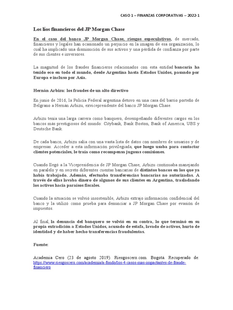 La caída de un alto ejecutivo bancario: El caso de Hernán Arbizu en JP Morgan Chase | PDF ...