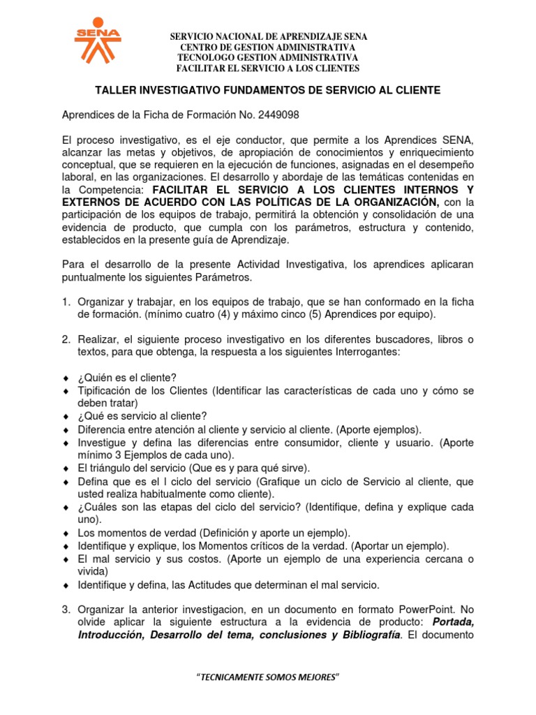 Taller Fundamentos de Servicio Al Cliente - Tga | PDF | Servicio al ...
