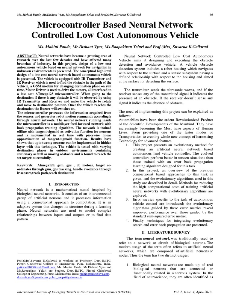 Microcontroller Based Neural Network Controlled Low Cost Autonomous Vehicle | PDF | Neuron ...