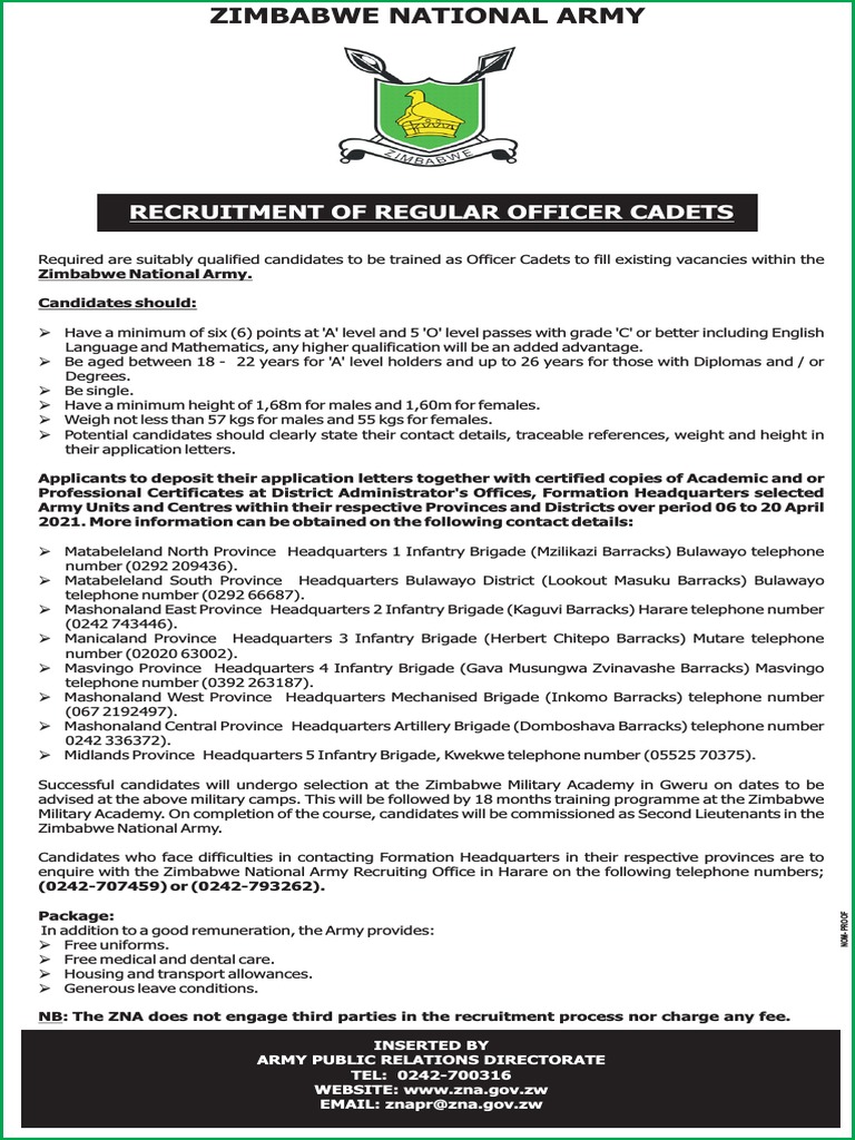 Zna Officer Cadet Recruitment Advert | PDF | Military Science ...
