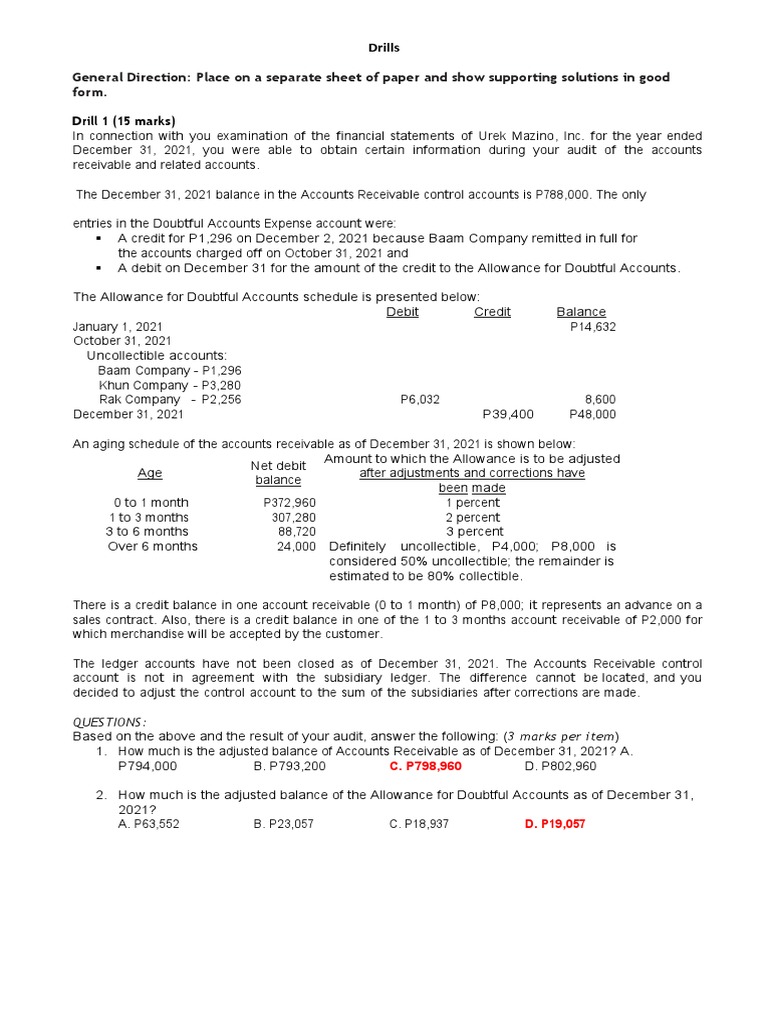 Drills accounting problems solutions | PDF | Bad Debt | Debits And Credits
