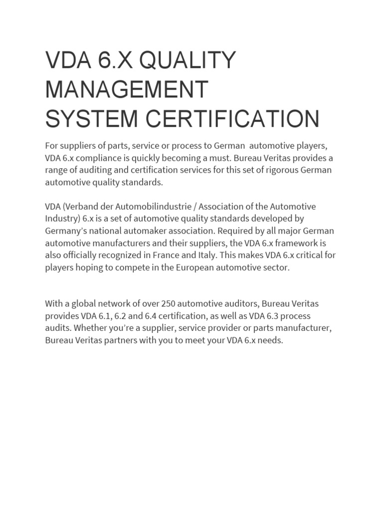 Vda 6.X Quality Management System Certification | PDF | Audit | Quality ...